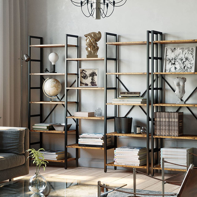 17 Stories Bookcases and Bookshelves Triple Wide 5 Tiers Industrial Bookshelf Large Etagere Bookshelf Open Display Shelves with Metal Frame for Livin